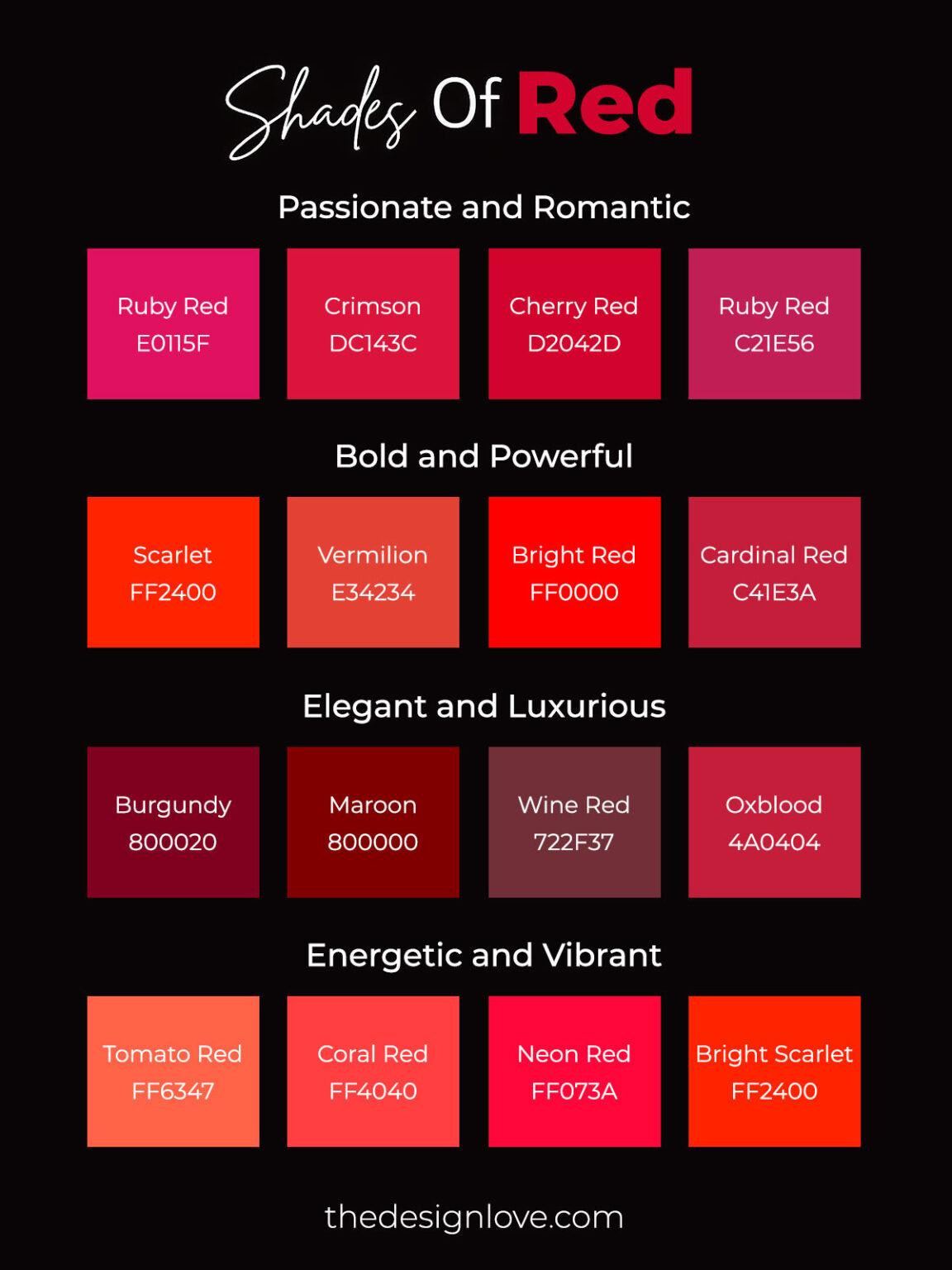 Shades of Red: 50+ Red Color Names, Hex Codes, Meanings and Design Uses